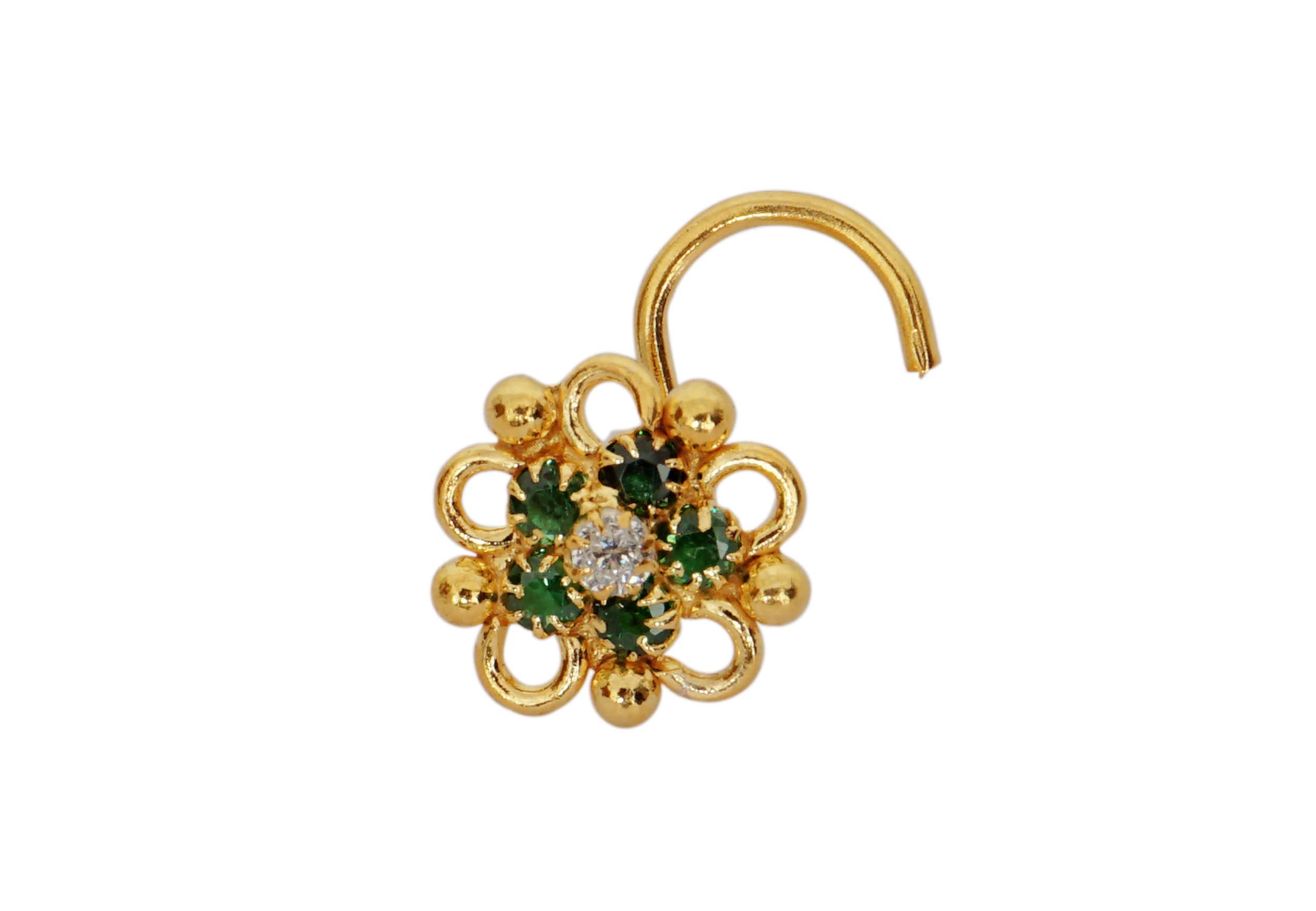 Emerald Nose Stud Crock Screw Flower Ring Gold Unique Indian Piercing CZ Simulated Diamond Jewelry, Green,White,Emerald