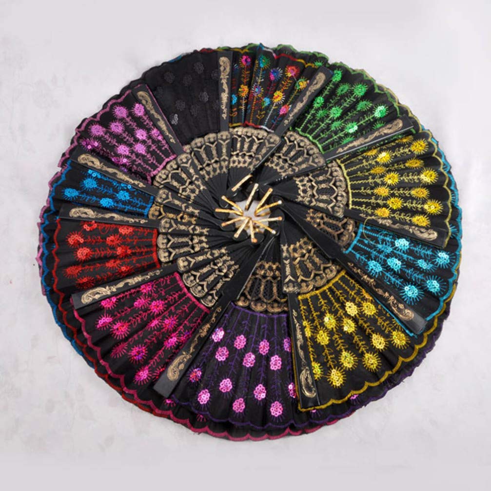 DECHOUS 2pcs Embroidered Sequin Fan Dancing Fans Hand Fans for Women Foldable Fan Sequin Fabric Hand Fan Embroidered Sequin Handheld Fan Folding Fan Vintage Miss The Fabric Purple