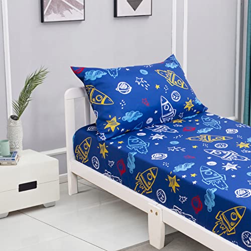 Cloele 2 Piece Toddler Sheet Set - Rocket Kids Toddler Bedding Set - Includes Fitted Sheet and Reversible Pillowcase - Polyester Breathable Soft Baby Bedding Sheet & Pillowcase Set for Boys