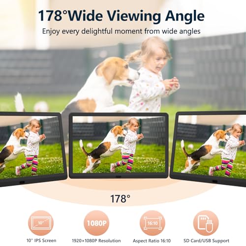 Digital Picture Frame, 10 Inch Digital Photo Frame with Remote Control, 1920x1080 HD IPS Screen, Slideshow, Video, Music, Photo Deletion, Non-WiFi SD Card, Easy to Use for Seniors