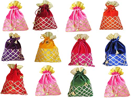 Festival & Wedding Gifting Multicolour Satin Criss-Cross Shagun Gift Pouch/Potli (pack of 12) By Indian Collectible