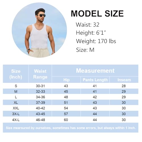 COOFANDY Mens Linen Loose Pants Lightweight Elastic Waist Summer Trouser Yoga Beach Pant with Pockets White Small