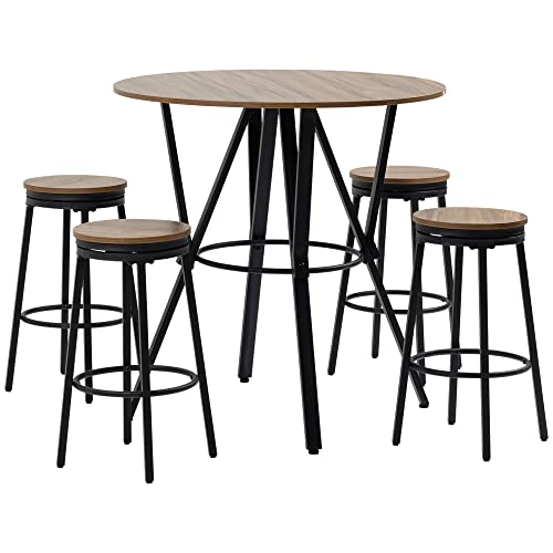 HOMCOM 5-Piece Bar Table and Chairs Set with Swivel Seat, Industrial Round Kitchen Table and 4 Bar Stools for Pub, Dining Room, Light Brown