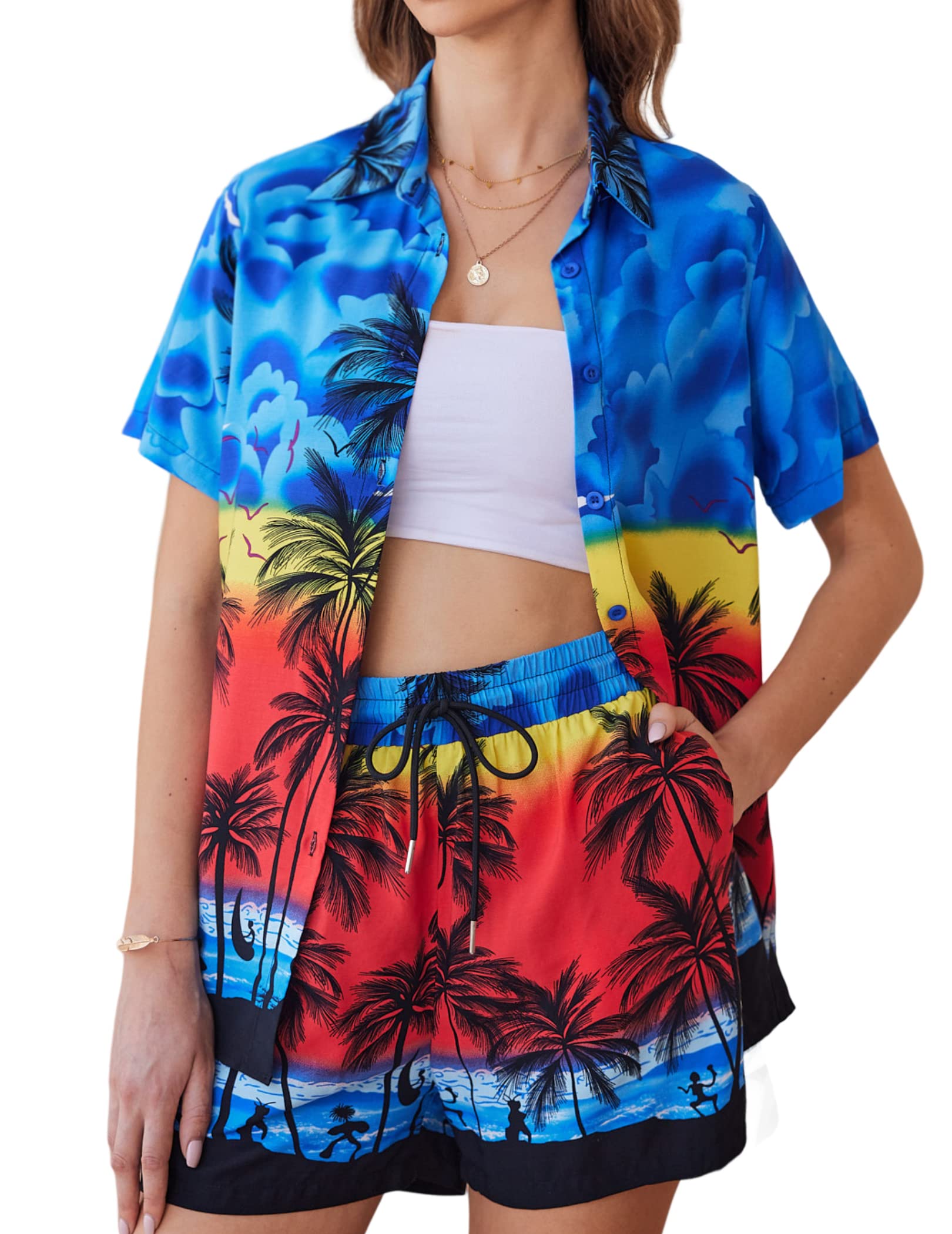 COOFANDY Womens Floral Blouse Set Hawaiian 2 Piece Outfit Button Lounge Beach Tracksuits