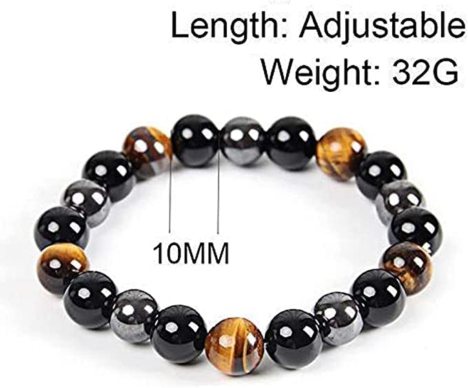 WFJ Black Obsidian Hematite Triple Protection Bracelet Tiger Eye Beads Bracelets for Men and women(10MM), Set of 2 black,gray 19cm