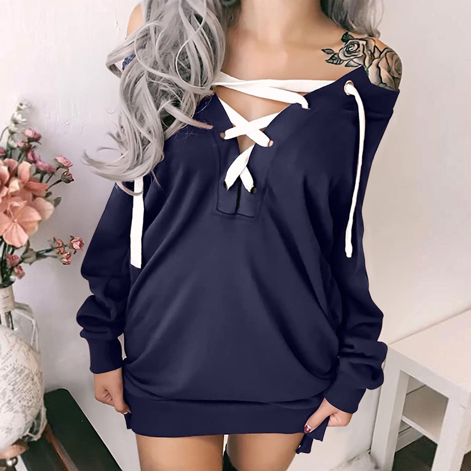 Deep V-Neck Sweatshirt Dress for Women Front Lace Up Raglan Long Sleeve Drawstring Solid Mini Dress Navy