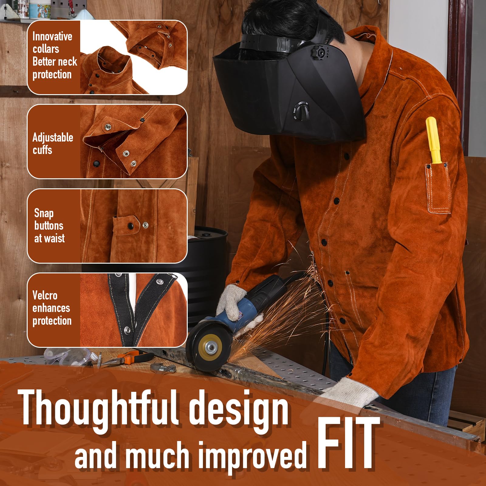 QeeLink Leather Welding Jacket - Flame-Resistant Heavy Duty Work Welder Jackets - Split Cowhide Welding Coat for Men Women (Medium)