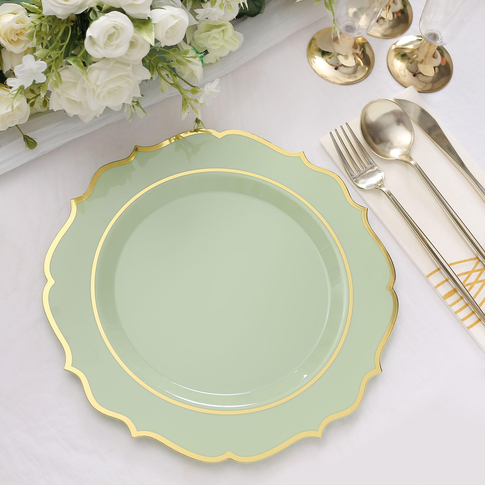 Efavormart 10 Pack | 10" Sage Green Plastic Dinner Plates Disposable Tableware Round With Gold Scalloped Rim for Wedding, Outdoor Receptions, Banquets, Holiday Dining
