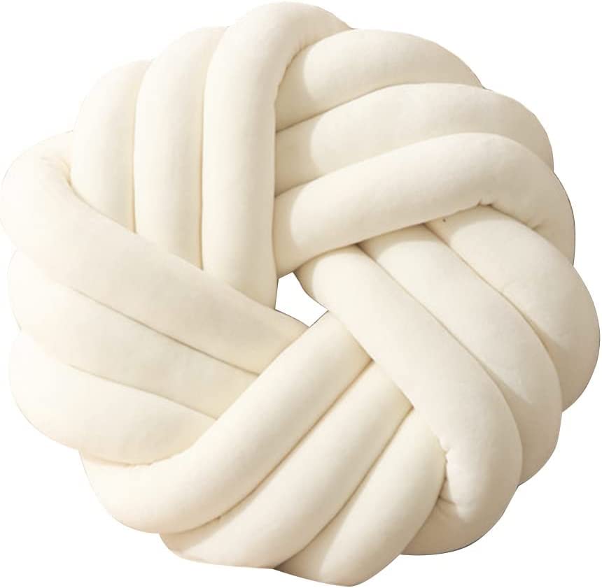 Knotted Throw Pillow, 13.7'' Round Pillows Decorative Throw Pillows for Couch Chair Sofa Cushion, Knit Knot Ball Pillow for Living Room Bedroom Car, White