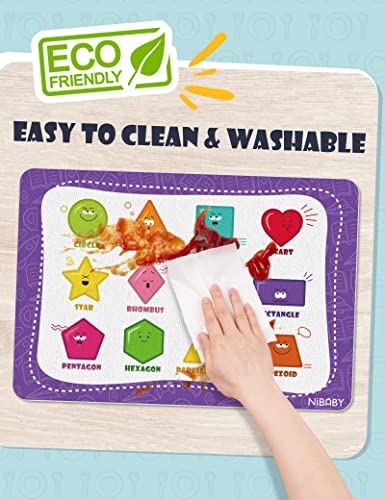 NiBaby Kids' Non Slip Educational Placemats Set of 4 Washable, Children's Interactive Placemats Foldable, Toddler Placemats for Learning Alphabet, Numbers, Shapes, Colors- Durable Reusable PU Leather