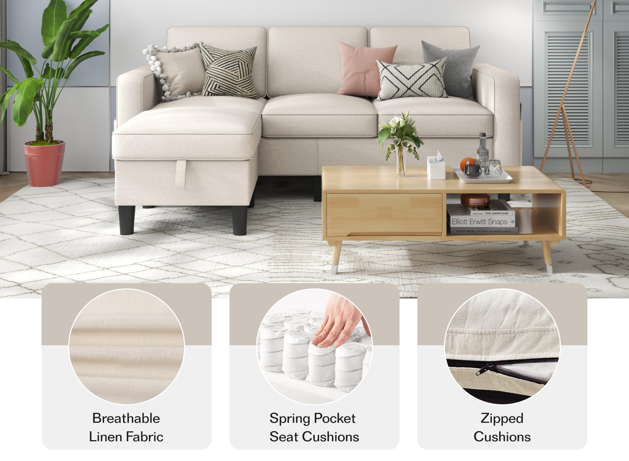 Woyomeub Sectional Sofa 78" Couch Couches for Living Room with Storage Ottoman Beige Modern L Shaped 3 Seater Sofas for Small Space Dorm APT