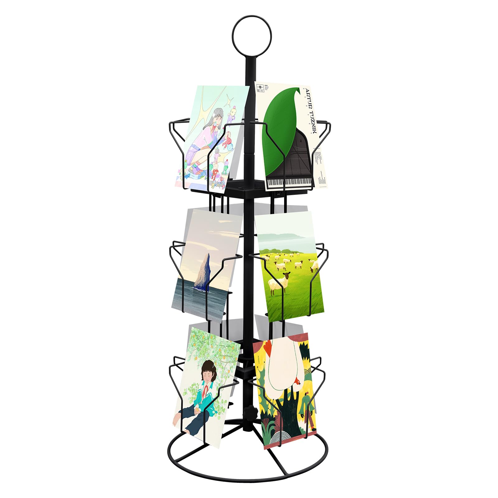 Fichiouy 3-Tier Rotating Greeting Card Rack for Store, Metal Display Stand Spinning Floor Stand 12 Pocket Rotating Holder for Stickers Showcase (White)