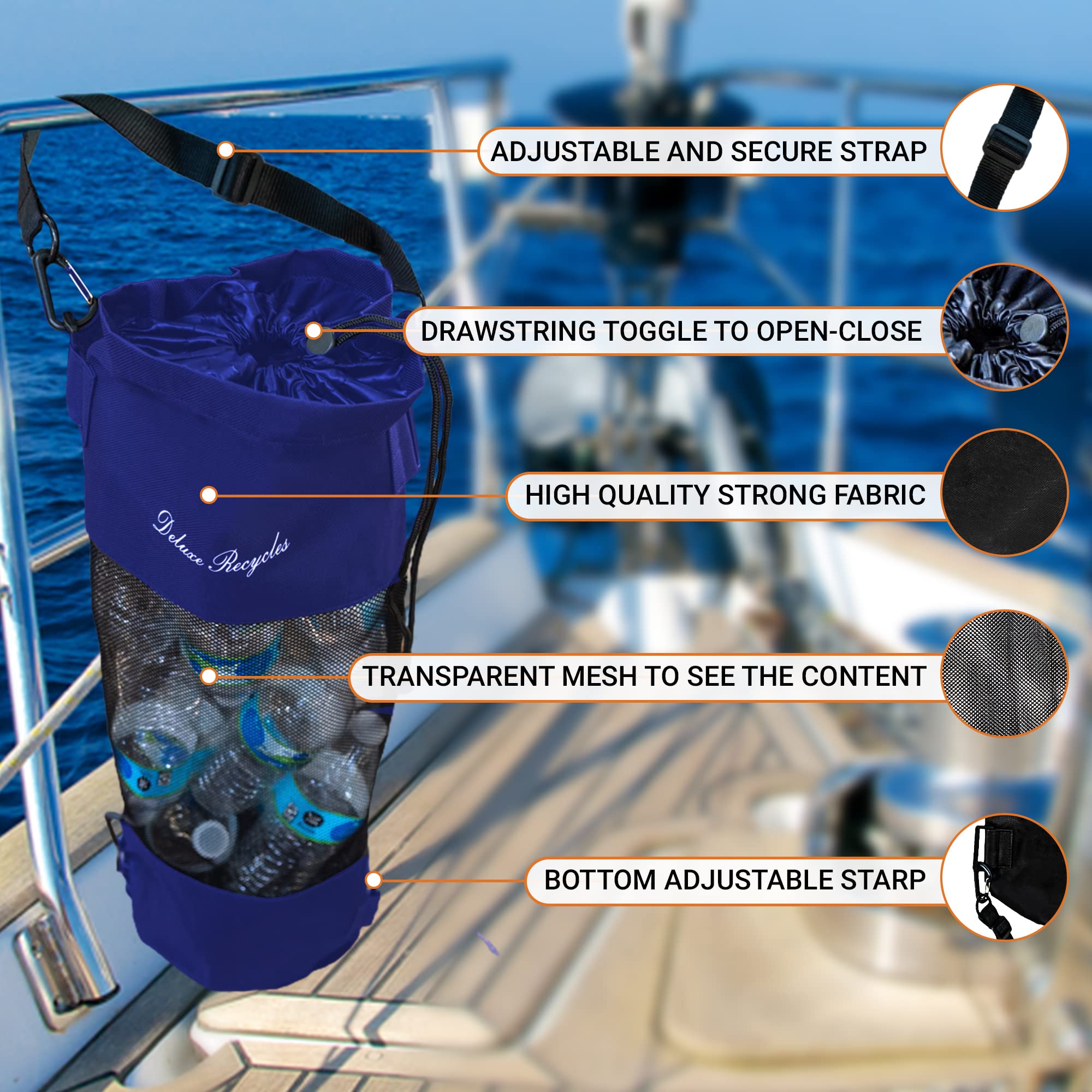 Deluxe Recycles Portable Mesh Trash Bag for Boat - Washable Leakproof Outdoor Garbage Bags for Boat, Kayak or Camper β Lightweight & Large Capacity Bin Bag (Blue)