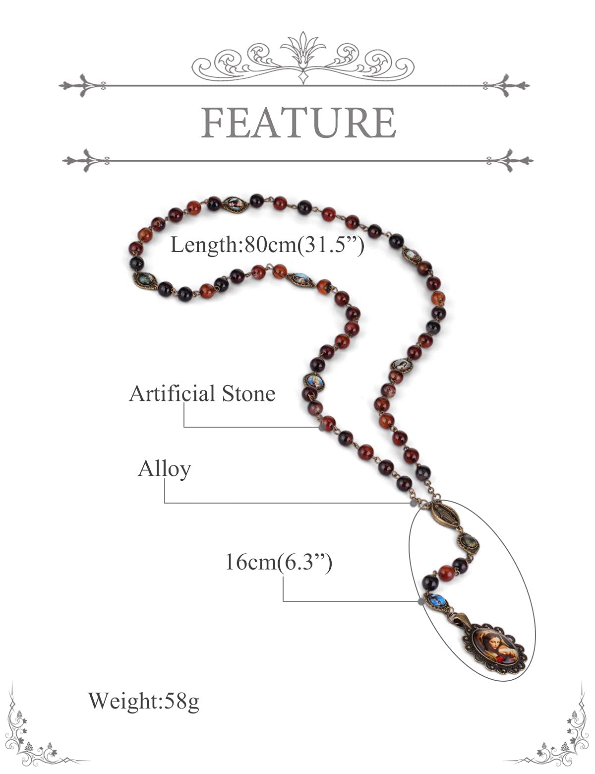 diyalo Servite Rosary of the Seven Sorrows 7 Prayer Beads Chain Religious Holy Blessed Virgin Mary Pendant Y-Necklace (Dark Brown Agate Beads)