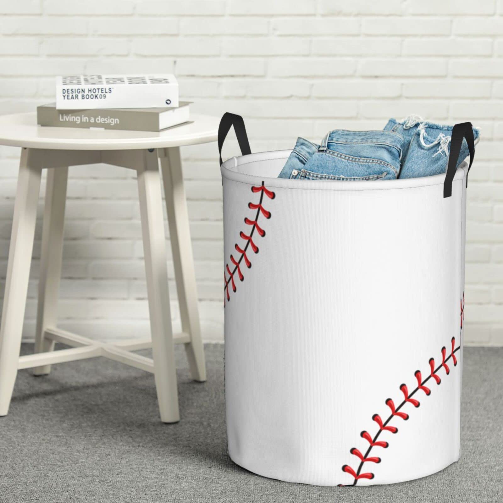Red Stitching Baseball White Round Laundry Hamper Storage Basket Toys Clothes Organizer Bin For Home Bathroom Bedroom Dorm Nursery, 62L