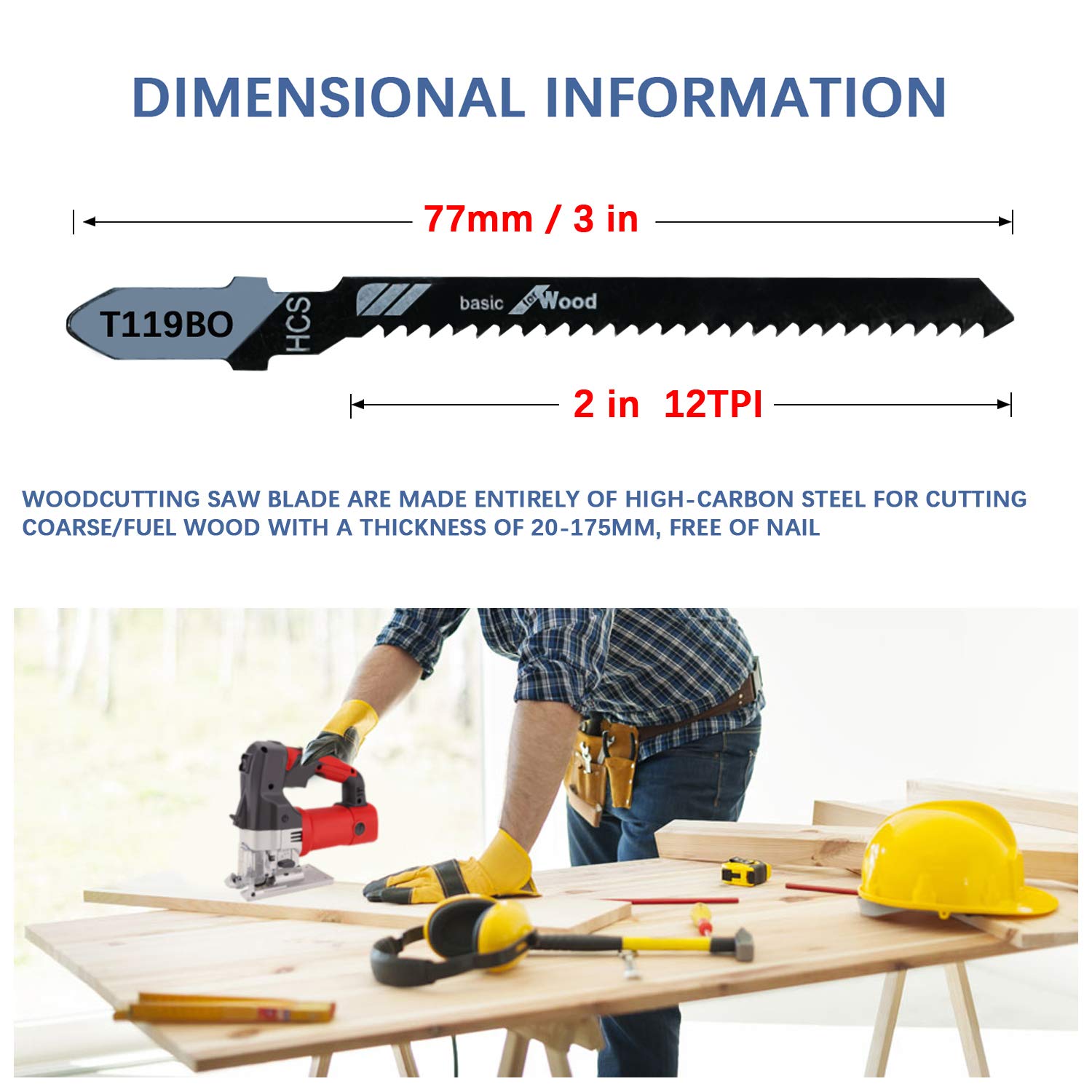TAROSE 20-Piece T119BO 3 Inch 12 TPI Assorted T-Shank Scrolling Jig Saw Blades Set for Precision Cutting Wood