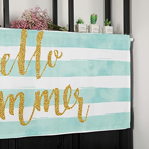 Vograud Valances for Windows, Hello Summer Gold Round Spots on Blue and White Stripes Rod Pocket Kitchen Curtains Valances, Short Window Valances for Living Room Bathroom 42β x 18β