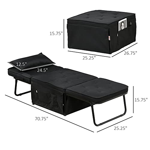 HOMCOM Ottoman Sofa Bed, 4 in 1 Multi-Function Button Tufted Folding Sleeper Chair Bed with Adjustable Backrest, Pillow, Side Pocket for Home Office, Bedroom, Living Room, Black
