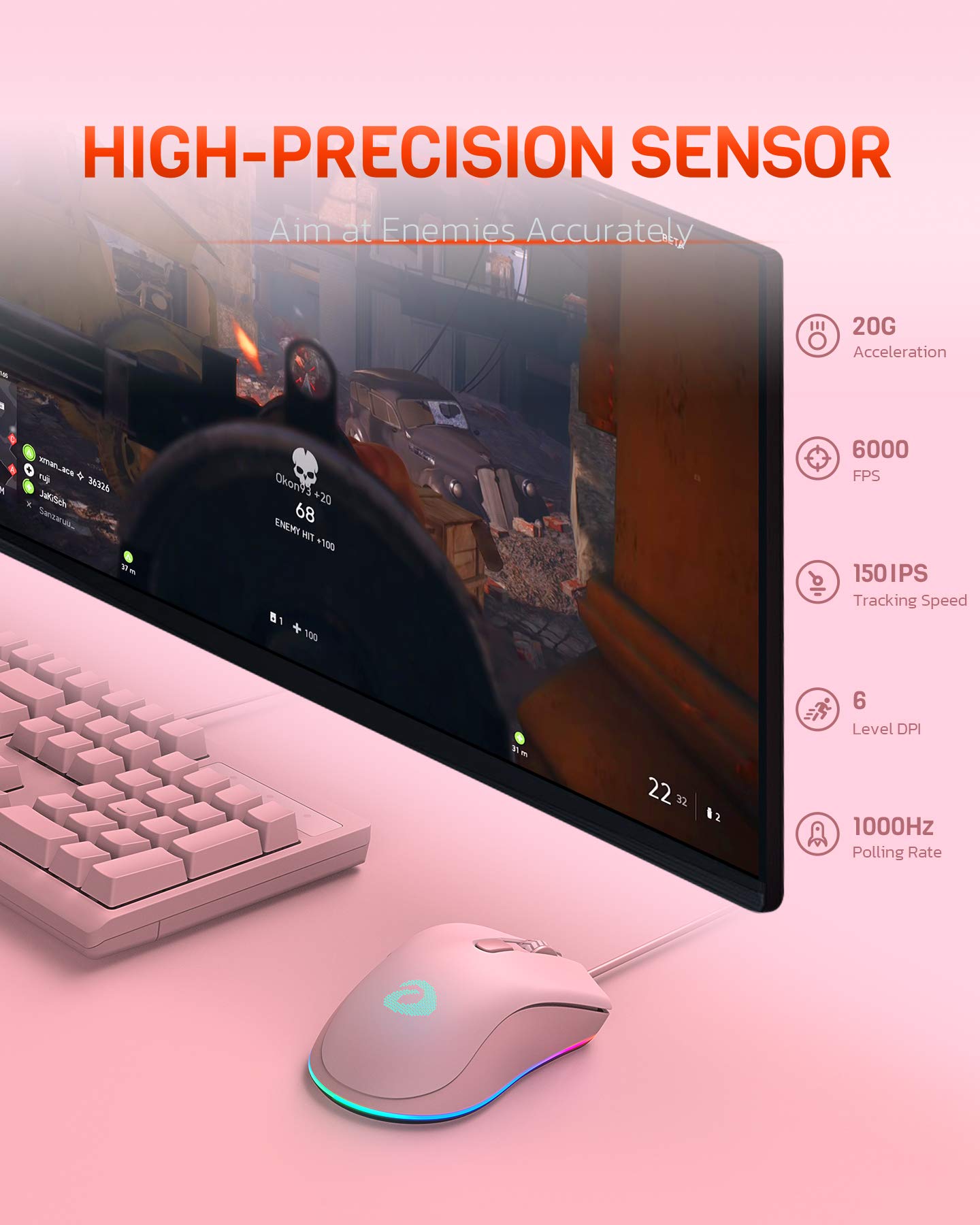 DAREU Wired Pink Gaming Mouse, 6400DPI,6 Programmable Buttons, Ergonomic RGB Gaming Mouse with 16.8 Million Chroma 7 Backlit for PC, Laptop, and Notebook (Pink)