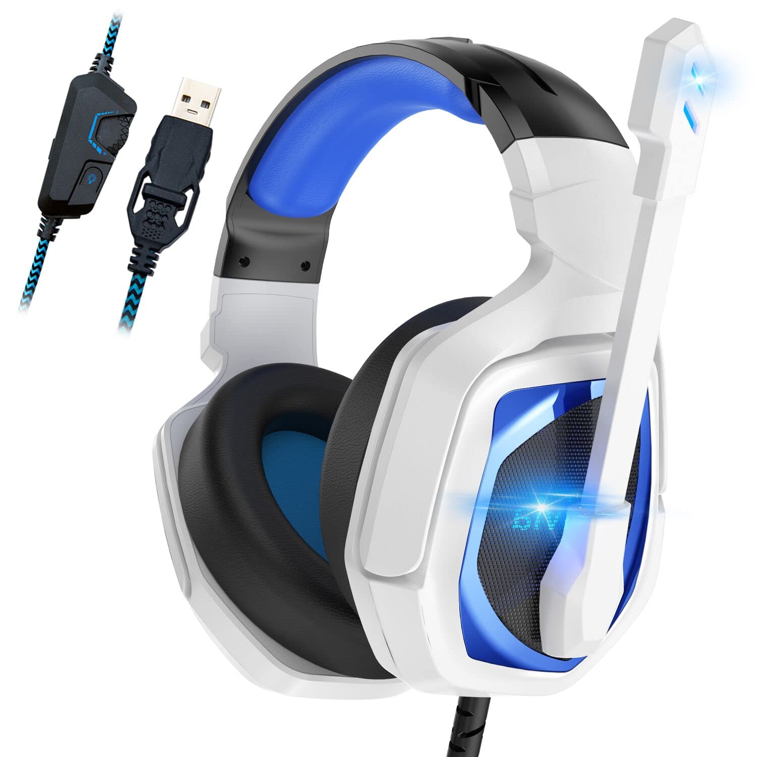 Emonoo USB Gaming Headset for PC/MAC/PS4/PS5, 7.1 Surround Sound Wired Headphone with Adjustable Active Noise Cancelling Mic, White & Blue LED Light