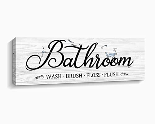 Kas Home Bathroom Sign Rustic Canvas Wall Art Funny Motto Prints Farmhouse Bathroom Decor Pictures with Solid Wood Frame for Home Toilet Hotel Bar (White - bathroom, 5.5 x 16.5 inch)