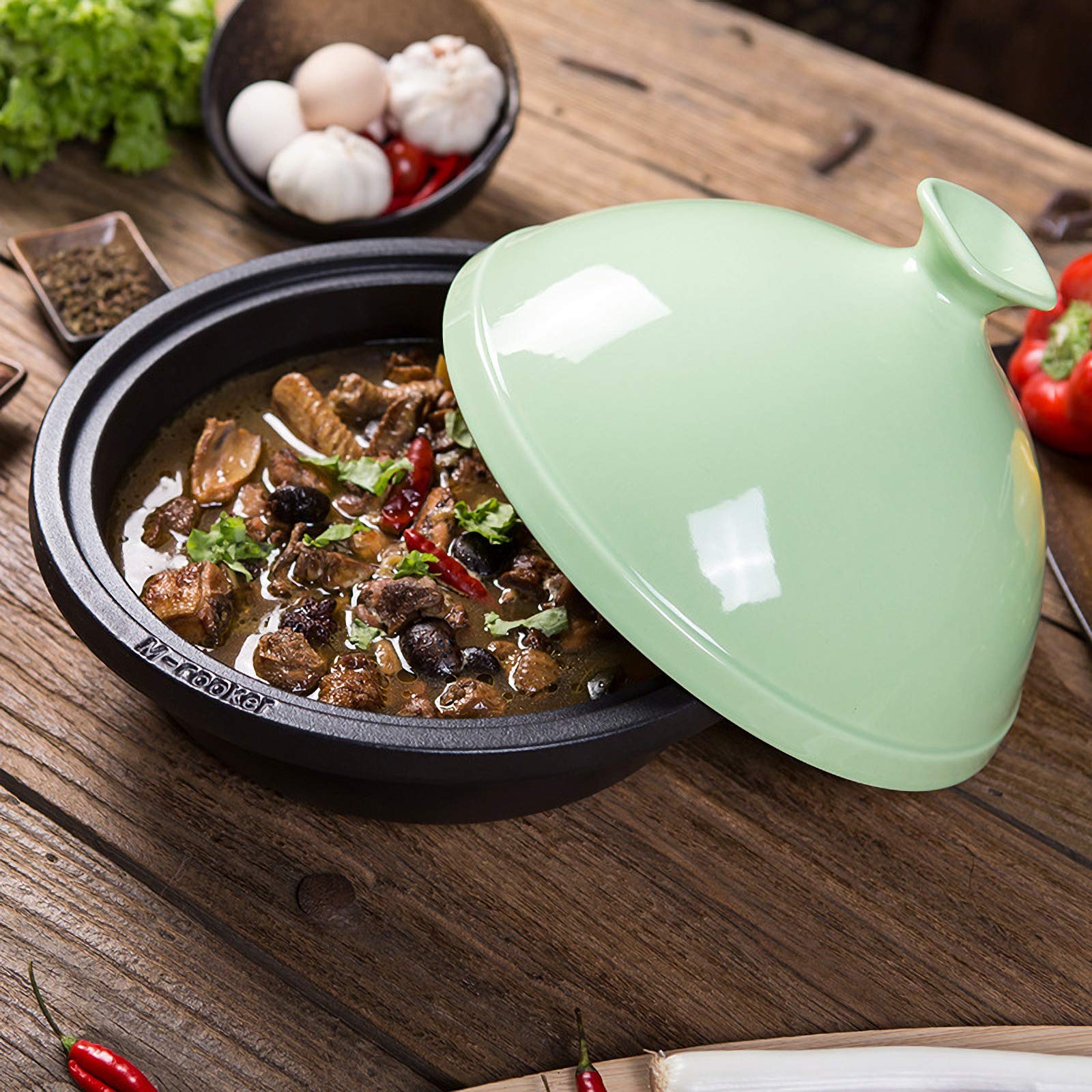 Enameled Cast Iron Tagine Moroccan with Silicone Gloves 2.7 Quart with Enamel Lid Pot Slow Cooker Tagine Pot Non-Stick Pot Without Lead Cooking Healthy Food (Green)