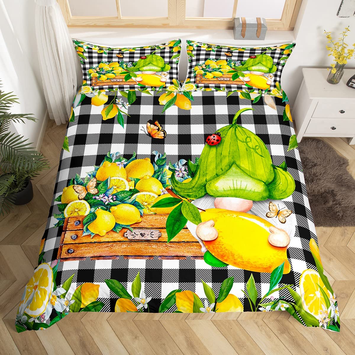 Kawaii Summer Lemon Gnomes Duvet Cover Set King Size,Black White Geometric Grid Bedding Set 3Pcs,Watercolor Summer Fruits Leaves Comforter Cover Cute Butterfly Animals Quilt Cover,Yellow Green