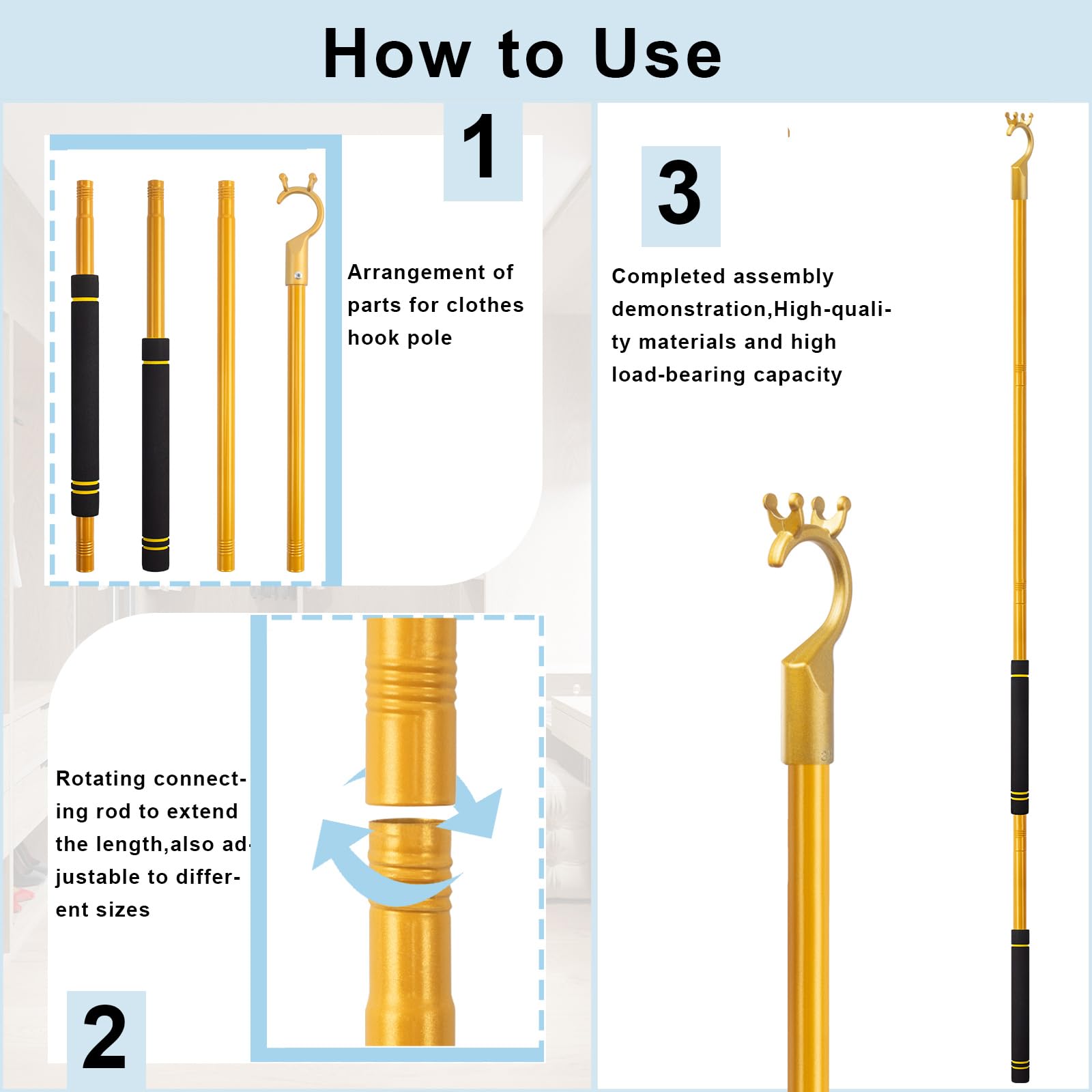 Greeily Clothes Hanger Reaching Hook, Garment Hook Reach Pole for Hanging Clothes Closet Bird Feeders Plants and Christmas Light Extendable from 31" to 61" with Sponge Handle (Yellow Hook)