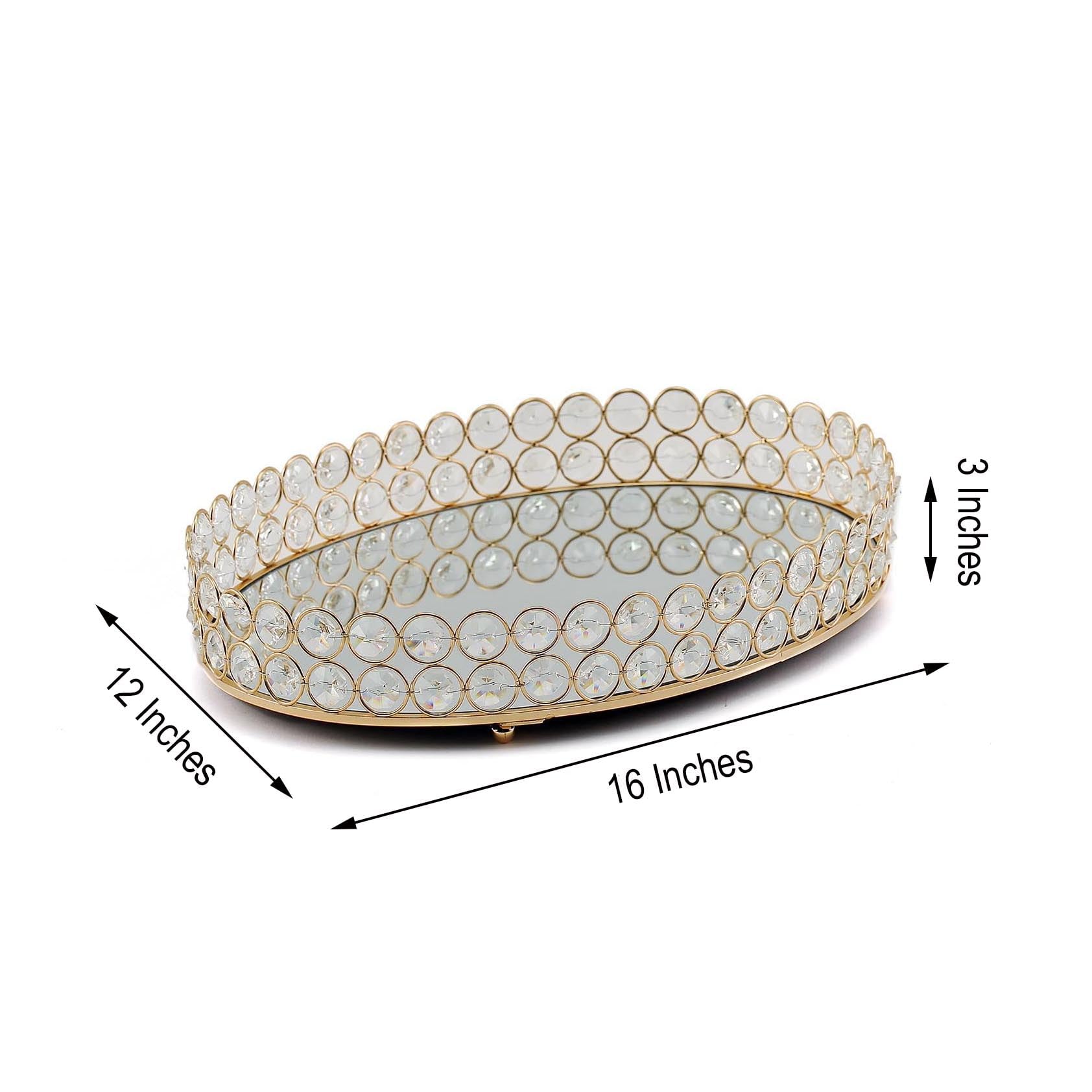 Efavormart 16" x 12" Gold Metal Crystal Beaded Decorative Serving Tray Oval Mirror Tray for Wedding Birthday Party