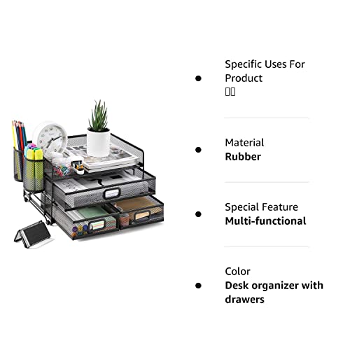 Desk Organizer with Drawers -3 Tier Desktop Organizer with Pen Holder and Drawer, Multi-Functional Desk Organizers and Accessories, Mesh Paper Organizer for Home Office Supplies(No Assembly)