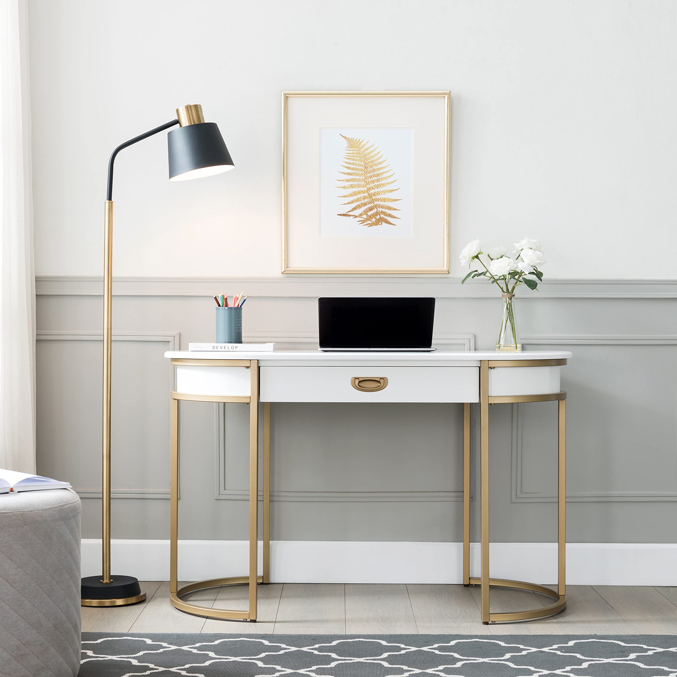 Leick Home 85405 Oval Metal Leg Desk with Drop Front Keyboard Drawer, Cottage White/Gold