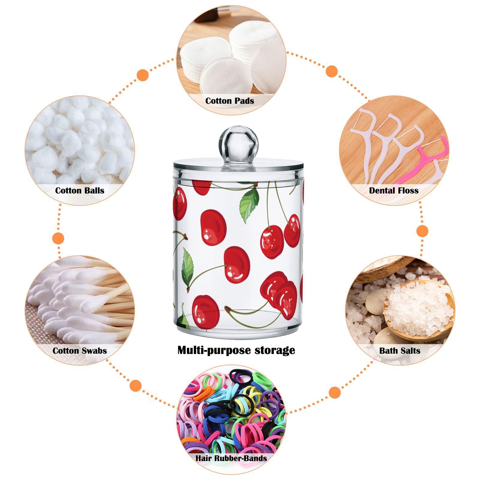 Jucciaco Cherry Fruits Canisters with Lids for Bathroom Vanity, Clear Plastic Jars Set of 2, for Cotton Balls, Cotton Pads, Qtips 4.13 x 2.75 in