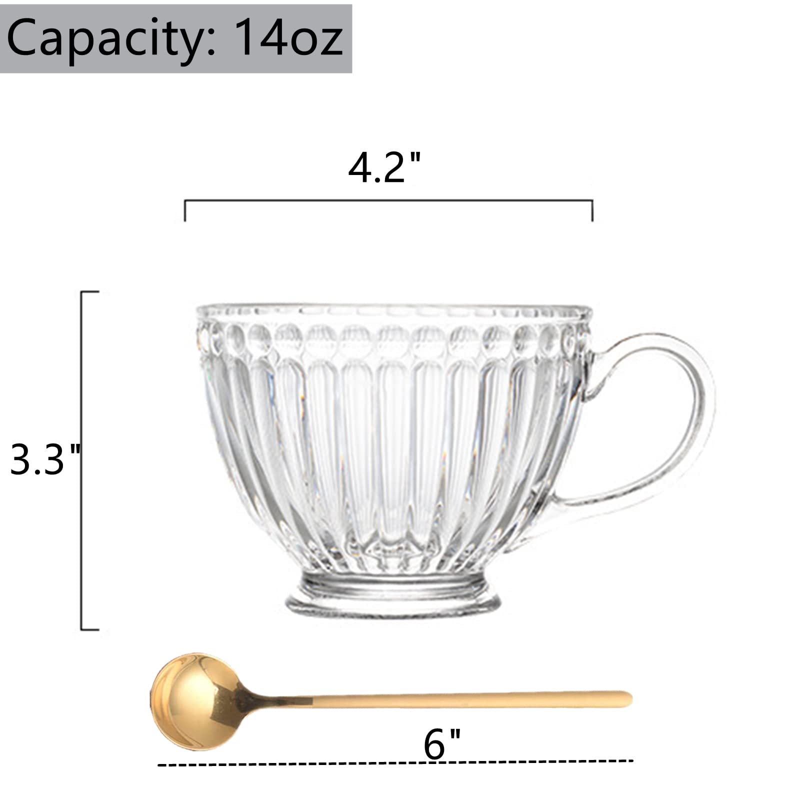 Dicunoy Set of 4 Glass Cappuccino Mugs with Spoons, 14 OZ Jumbo Tea Cups with Handle, Thick Vintage Wide Mouth Large Coffee Mugs for Cocoa, Milk, Water, Cereal, Ice Cream