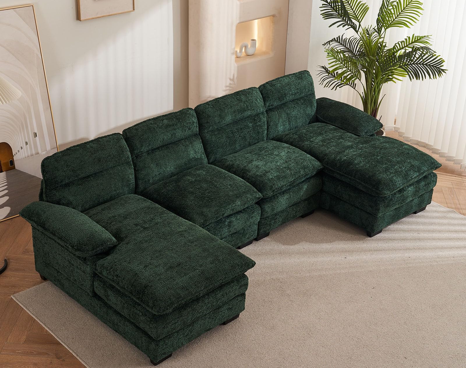 HANLIVES 111.8" U-Shaped Sofas for Living Room Apartment,Modern 4 Seats Sectional Sofa Couch with Double Chaise,Chenille Fabric Cloud Couches-Green