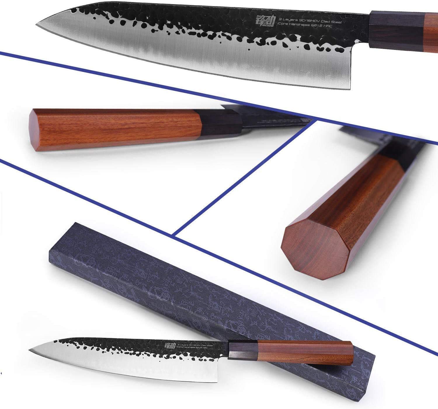 FINDKING Dynasty Series 5" Kitchen Utility Knife and 8" Chef Knife, High Carbon Clad Steel Octagonal Handle Kitchen Knives