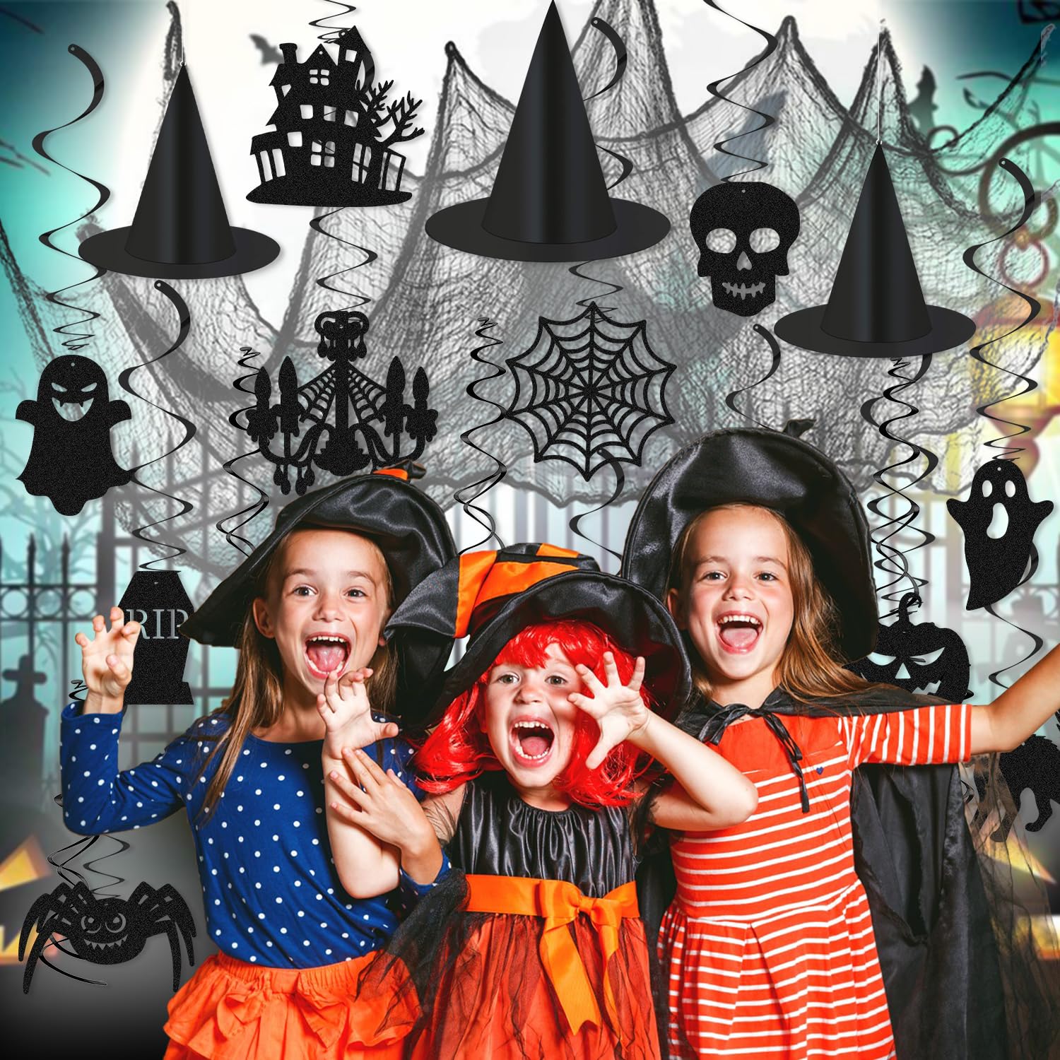 Levvcirki 35 PCS Halloween Party Decorations Hanging Swirl with Horror Pattern Witches Hat Black Creepy Cloth for Halloween Scary Theme Party Supplies