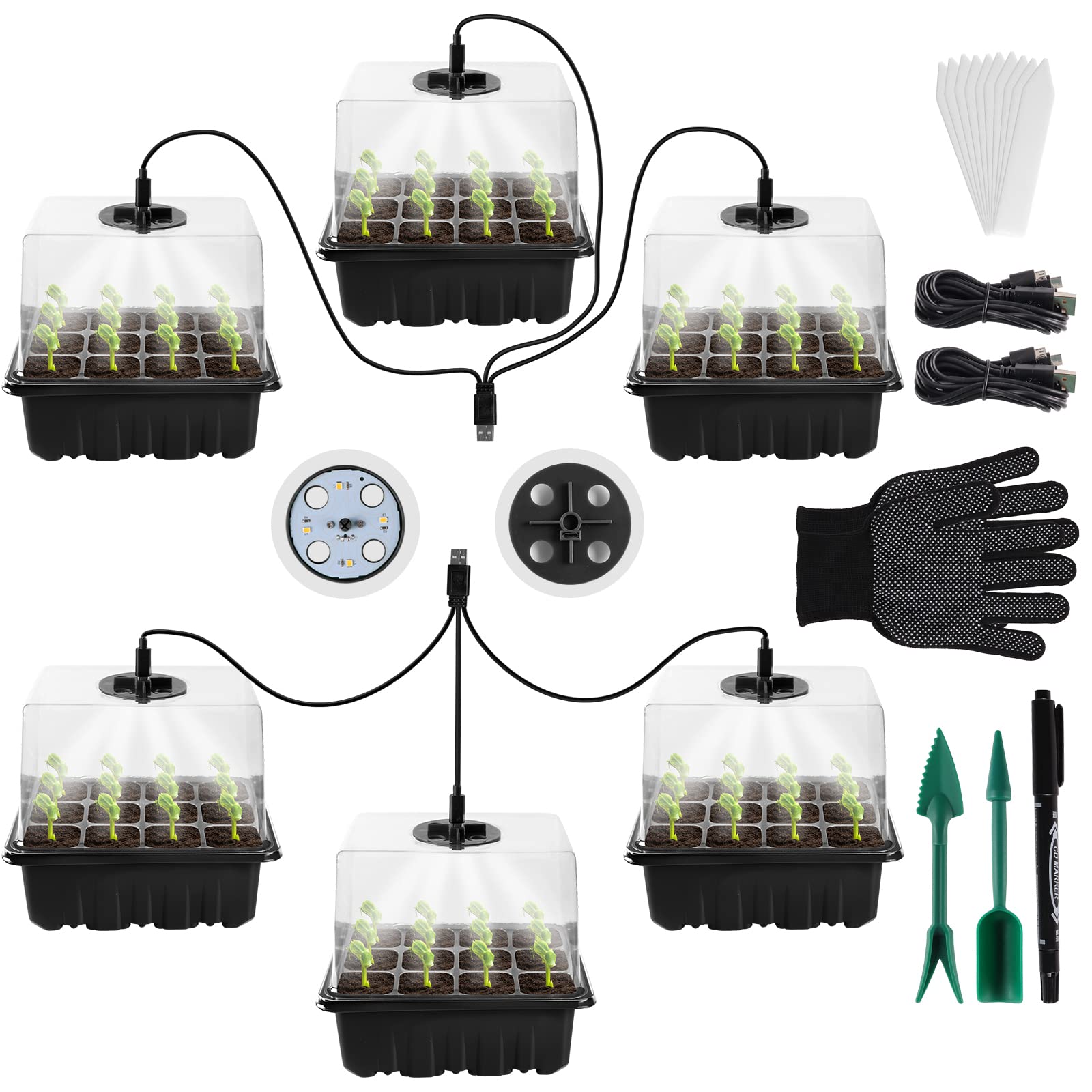 Cookmaster Seed Starter Tray, 6 pack Seed Starter Kit with Grow Light, Seedling Trays with Humidity Domes, Covers Height 3.9", Indoor Gardening Plant Germination Trays (12 Cells per Tray)