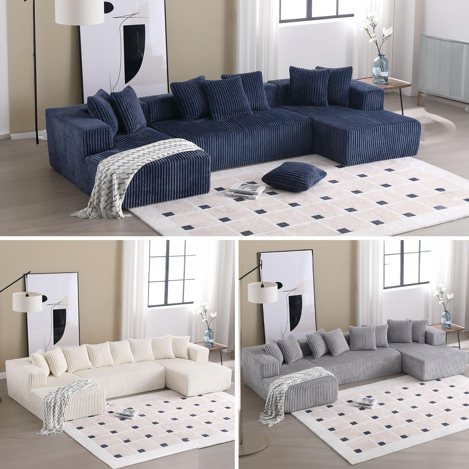 HANLIVES 130" Oversized 6 Seats U-Shaped Sofas for Living Room Apartment,Modern Large Cloud Sofa with Double Chaise,Corduroy Fabric Sectional Sofa Couch-White