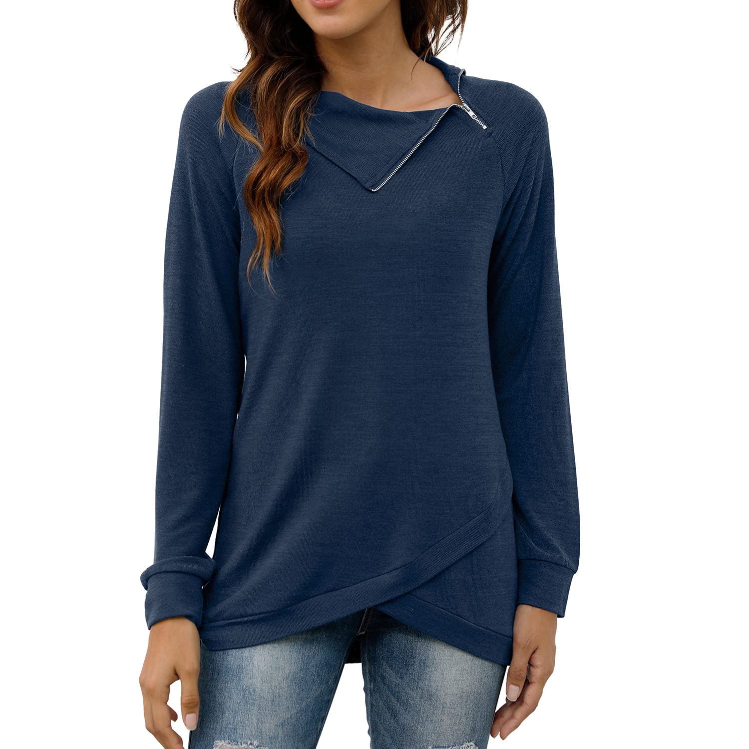 Davenil Women's Long Sleeve Pullover Tops Lightweight Cute Turtleneck Oblique Quarter Zip Sweatshirts with Irregular Hem Navy Size S