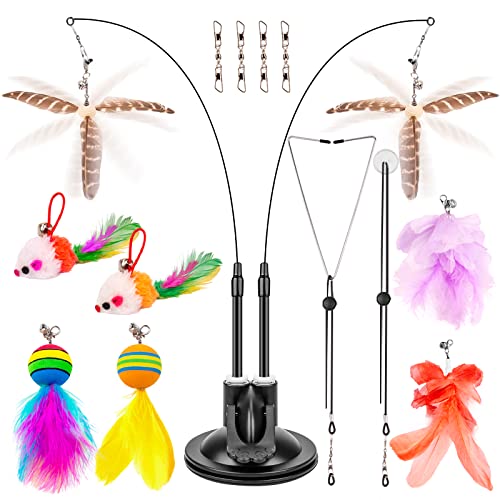 HOSFROLL Cat Toys Wand, Interactive Cat Toy with Super Suction Cup Sticky Detachable 12 PCS Feather Replacements 2 Wands Cat Spring Feather Toys for Indoor Cats Kitten Toys (8 Toys Double Headed)