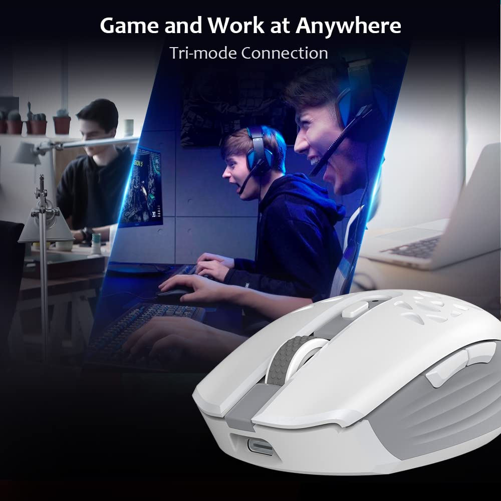 DeLUX Wireless Gaming Mouse with 6 Programmable Buttons, RGB Backlit, Tri-Mode Connection, PAW3335 Optical Sensor, Up to 16000DPI, TTC Encoder Wheel, Interchangeable Cover (M820DC-White)