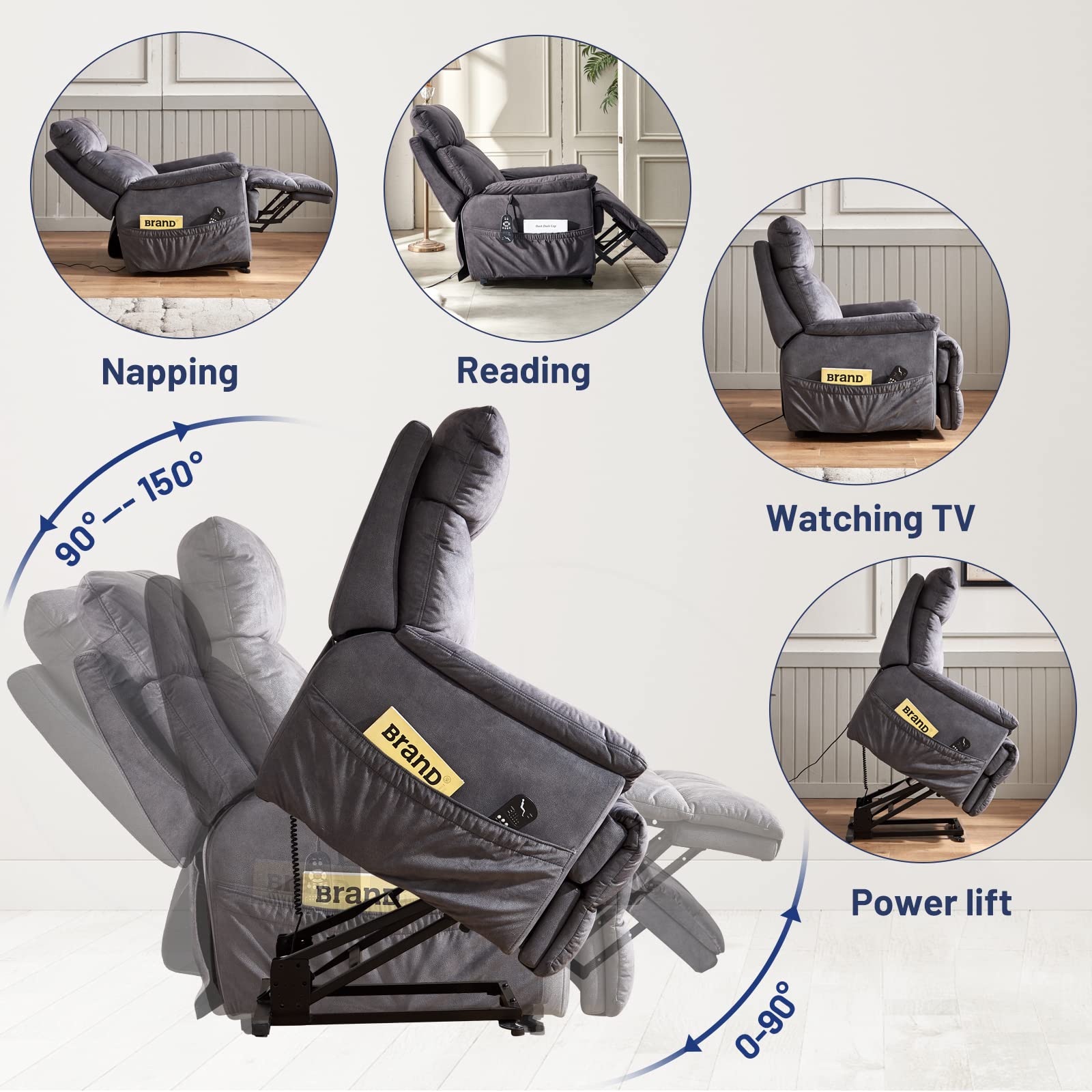 Comfort Stretch Electric Single Sofa for Elderly Up to 300Lbs Living Room Side Pocket Power Lift Recliner Chair with 8 Points Massage and Heating Functions, Large, Grey