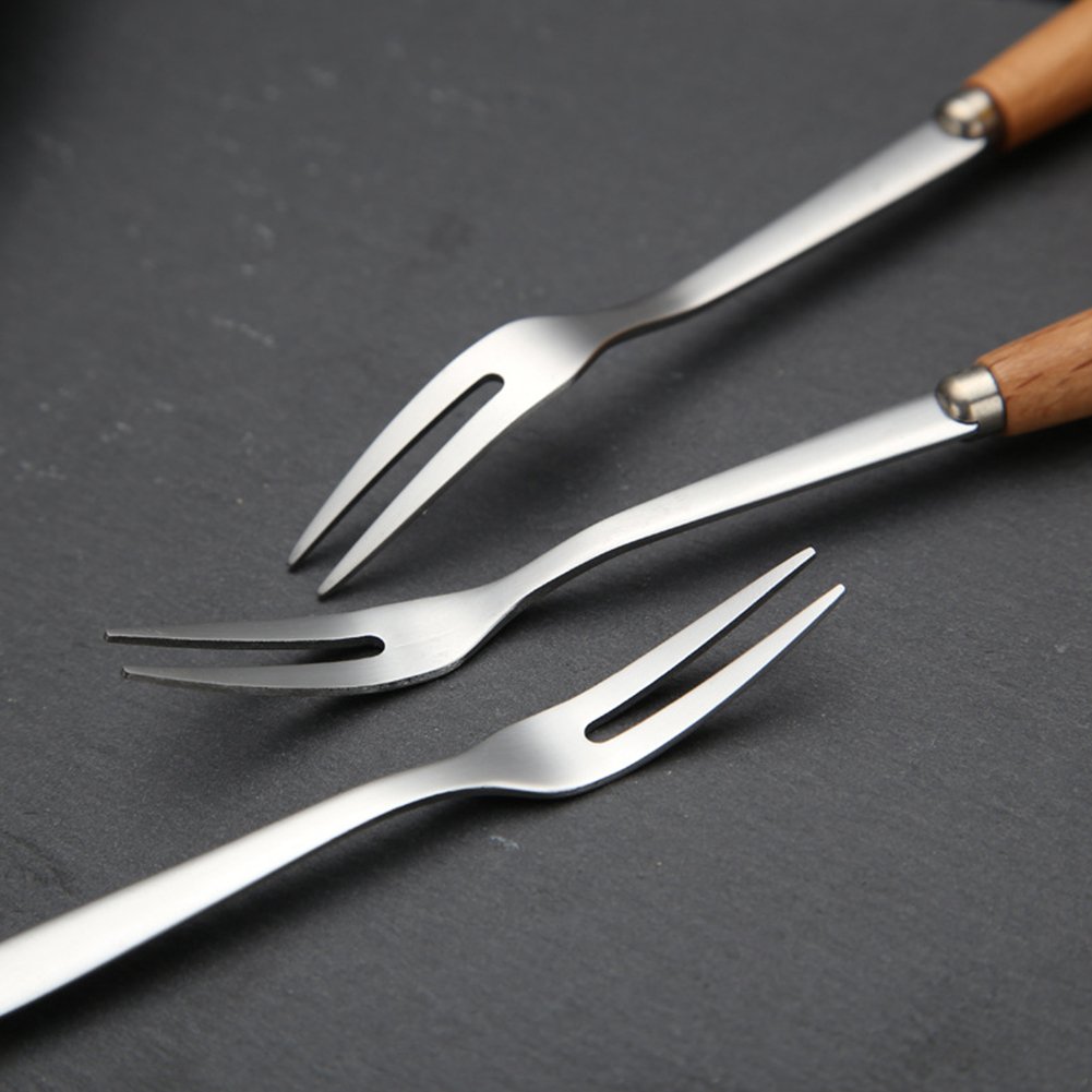 DEEKOUDT 6 Pcs Wooden Handle Stainless Steel Two Prong Forks Fruit Cake Appetizer Forks