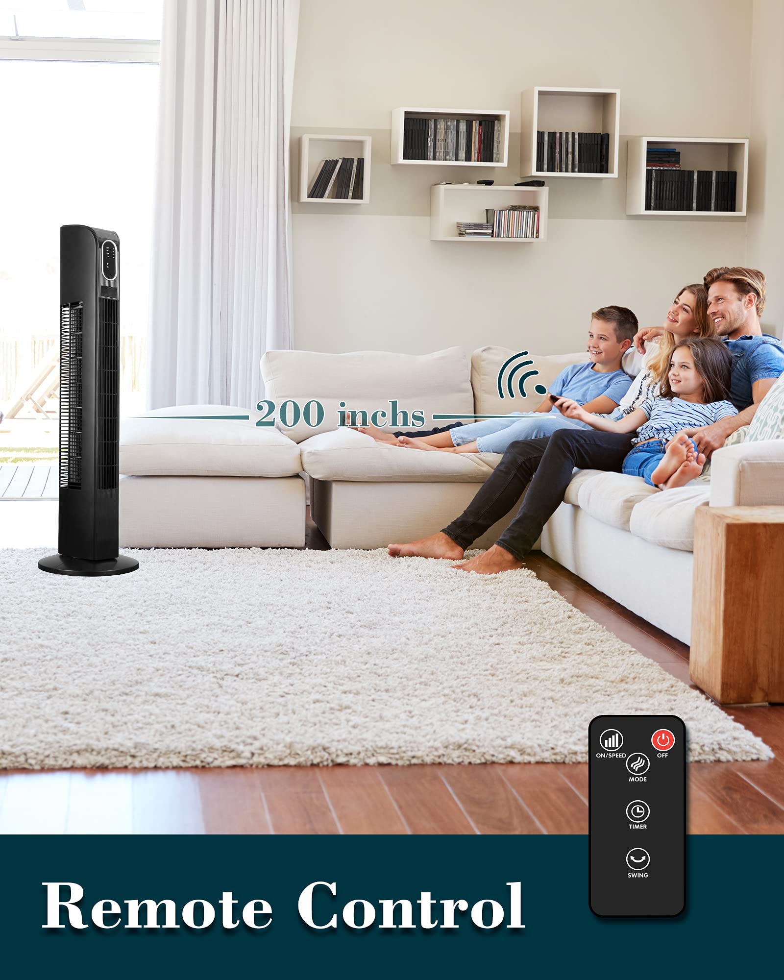 Uthfy Electric Standing Tower Fan,34'' Oscillating Tower Fan with Remote, Floor Fan for Bedroom Office and Home,Quiet Cooling Fan,Portable Bladeless Tower Fan with LED Display,Black