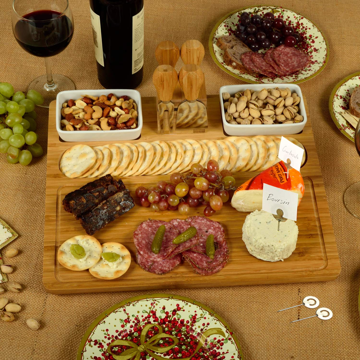 Custom Personalized Engraved Bamboo Cheese/Charcuterie Cutting Board with Ceramic Bowls, Cheese Tools & Cheese Markers-Designed & Quality Checked in USA