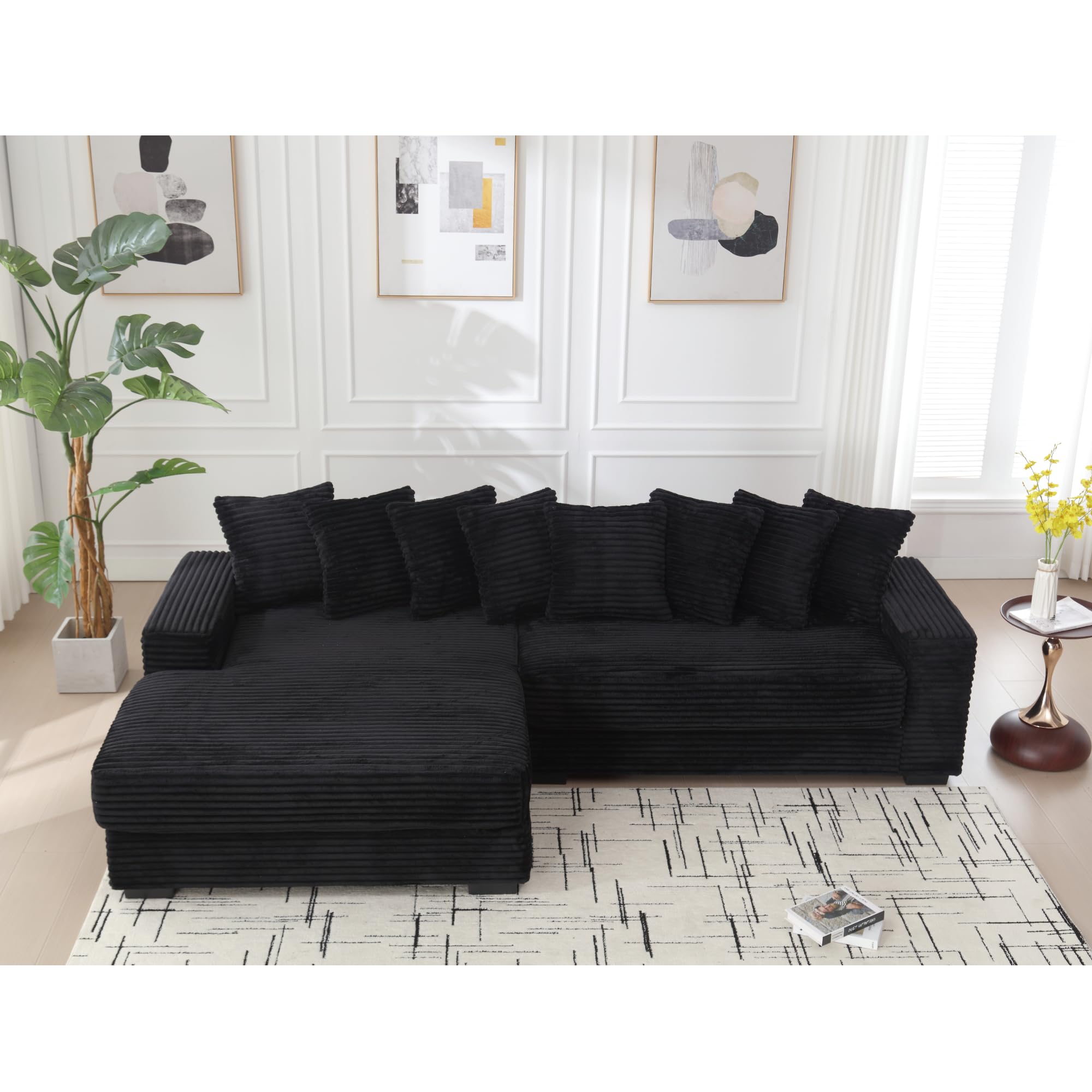 HanStrong Sectional Sofa Couch, 111"x60" L Shaped Comfy Corduroy Upholstered Sofa with Right Chaise & 8 Throw Pillows, Oversized Two-Piece Couches Corner Sofa for Living Room Apartment, Black