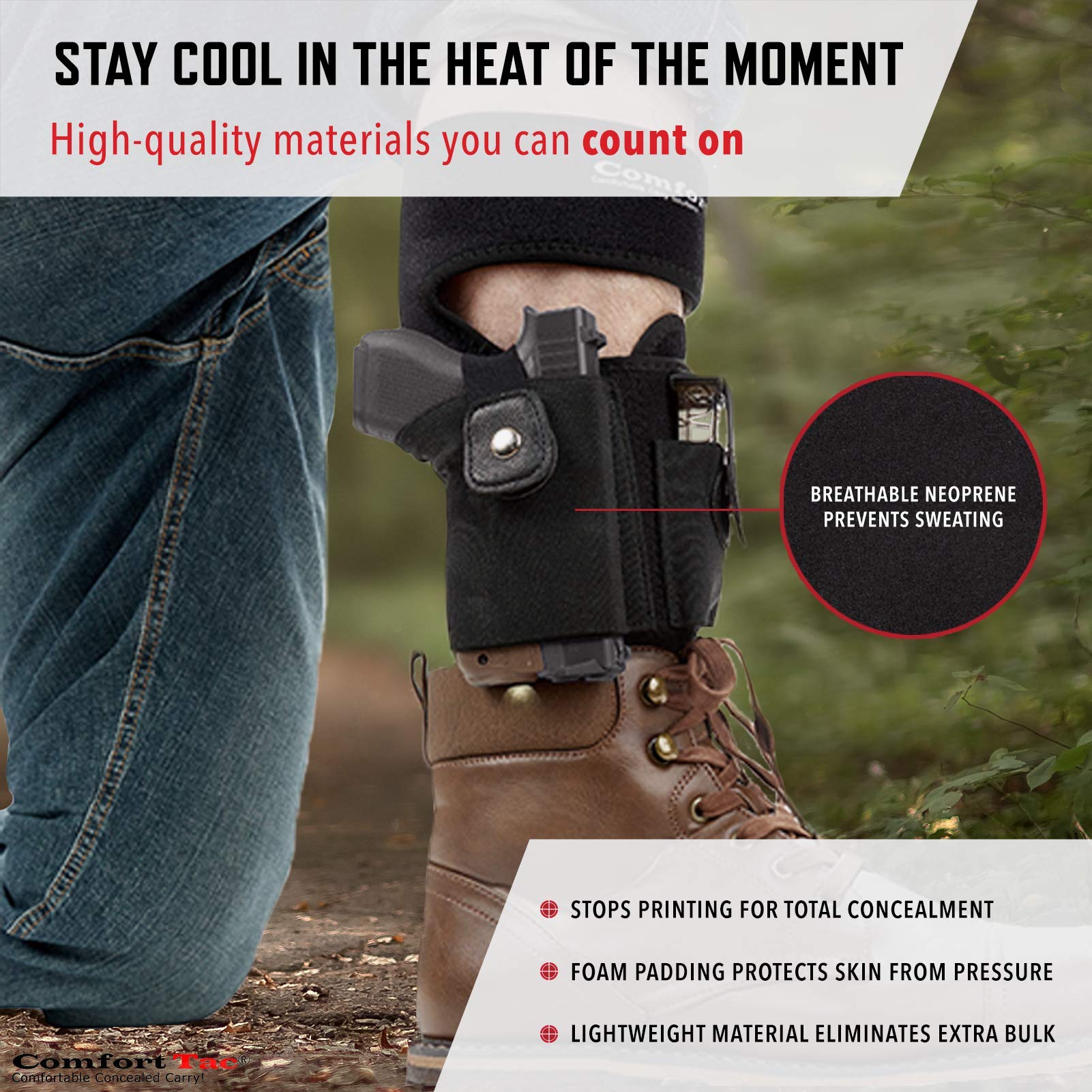 ComfortTac Ankle Holster with Calf Strap and Spare Magazine Pouch for Concealed Carry - One Size Fits Most - Compatible w/Glock 19, 26, 36, 42, 43, S&W Shield, Bodyguard 380, Ruger LCP, LC9, and More