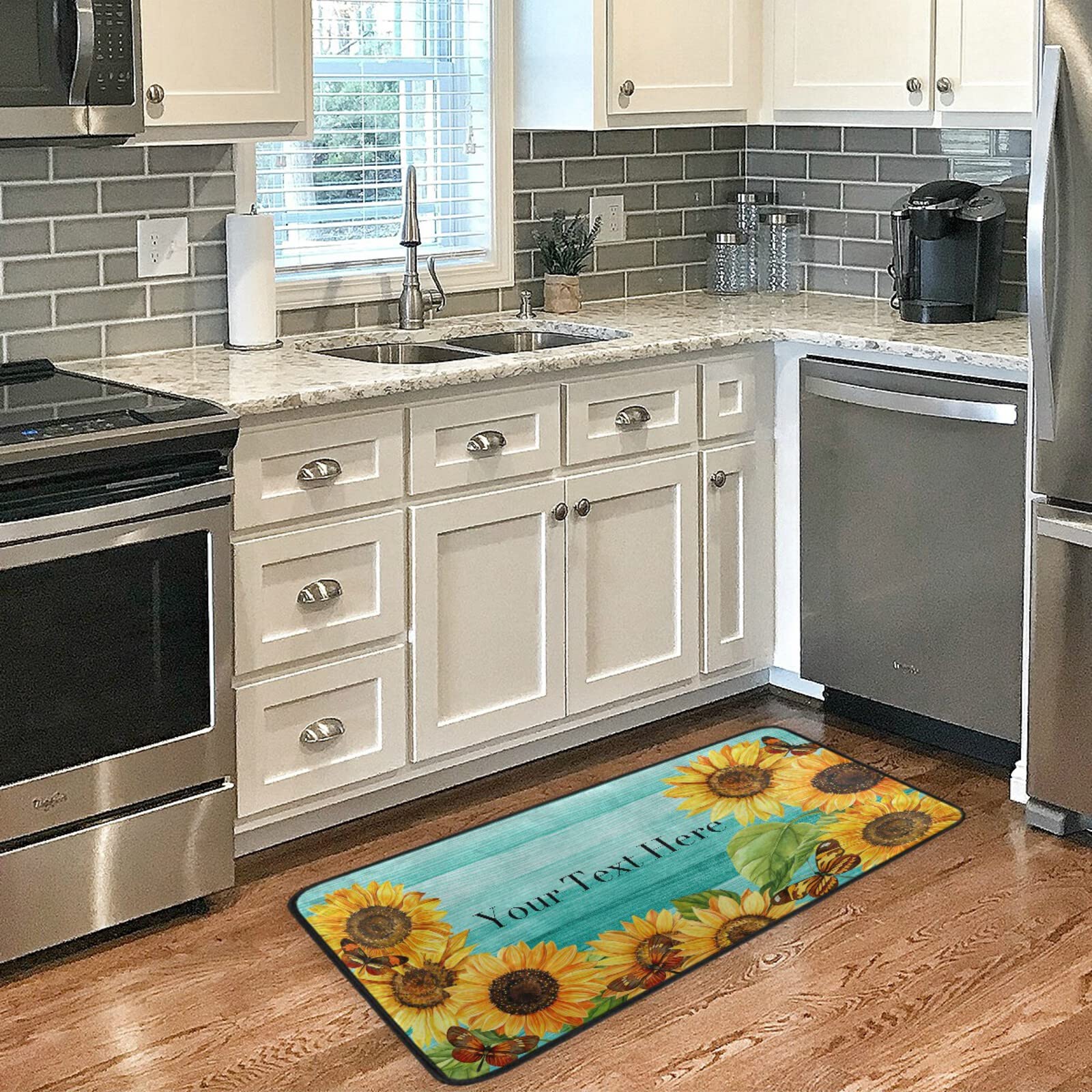 Custom Personalized Kitchen Rugs Teal Sunflowers Butterfly Doormat Floor Mats Kitchen Mat Non Slip Bath Rug Carpet for Entryway Living Room Bedroom Home Decor 39 X 20 Inch