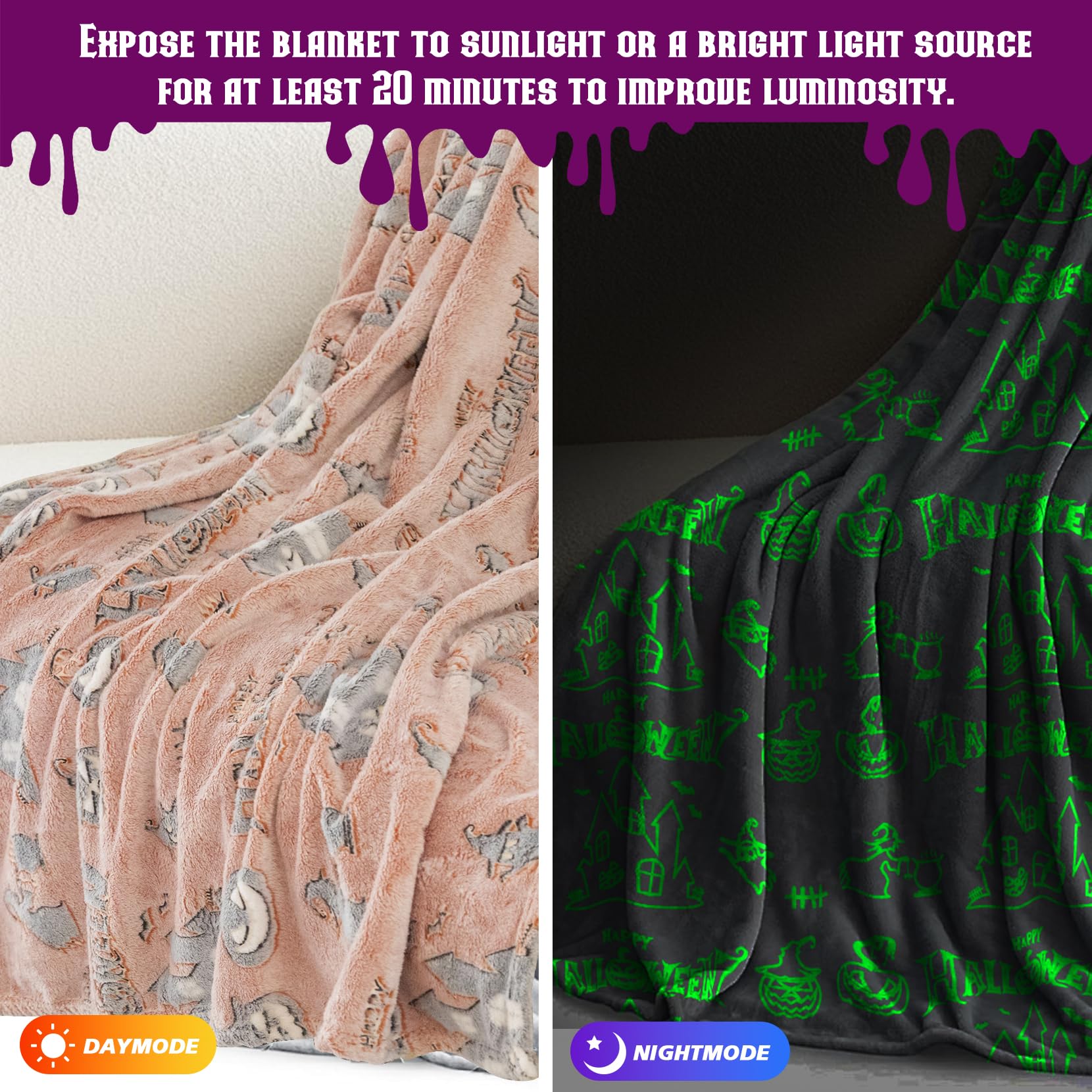 Halloween Blanket 50 x 60'' Pumpkin Plush Blanket- Soft Fleece Halloween Throw Blanket,Glow in The Dark Blanket for Kids & Home Decor (Orange)