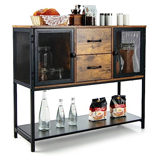QZWCQ Buffet Storage Cabinet, 39" Kitchen Sideboard with Open Shelf, Industrial Buffet Sideboard Kitchen Cupboard with Metal Mesh Doors & 2 Drawers for Kitchen Hallway Entry Living Room Dining Room